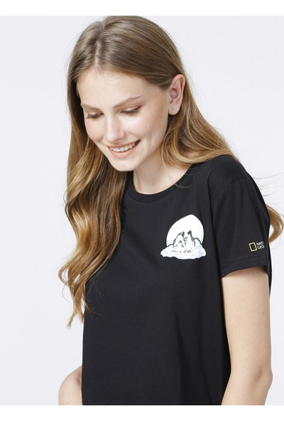 National Geographic Bisiklet Yaka Kısa Kollu Baskılı Siyah Kadın T-Shirt