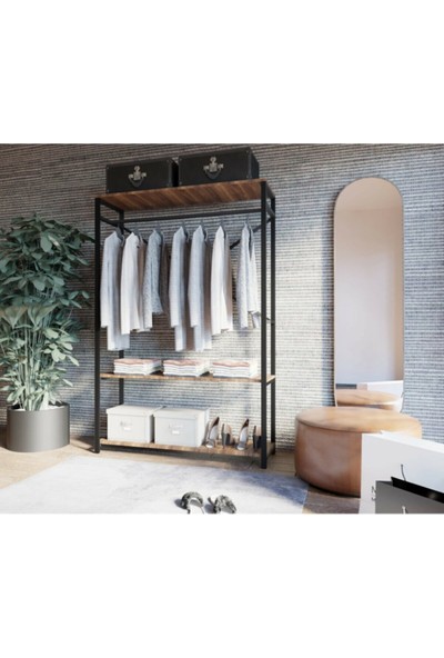 Modimo Kanto Masif Ceviz Desenli Metal Ayaklı Açık Giyinme Dolap Portmanto Elbise Askılık