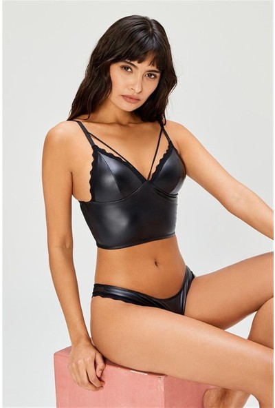 Cansoy Deri Siyah Bralet Takım