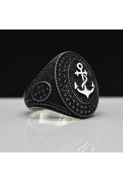 TAJA925 Erkek Gümüş Çapa Mikro Oniks Taşlı Gümüş 925 Ayar Yüzük