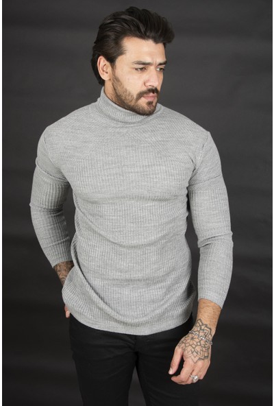Deepsea Gri Tam Balıkçı Yaka Çizgili Örme Kazak 2100016