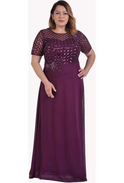 Lilas Xxl Büyük Beden Pul Payetli Baklava Desen Mürdüm Renkli Şifon Elbise Lilas Xxl Büyük Beden Pul Payetli Baklava Desen Mürdüm Renkli Şifon Elbise