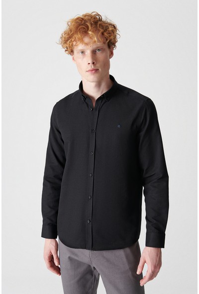 Avva Erkek Siyah Düz Düğmeli Yaka Regular Fit Gömlek E002004 Avva Erkek Siyah Düz Düğmeli Yaka Regular Fit Gömlek E002004