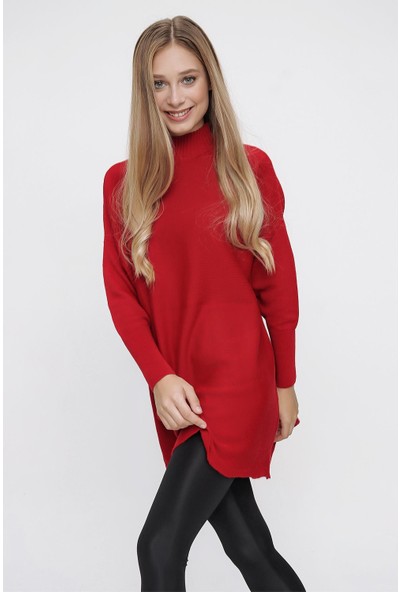 Chuba Kadın Kırmızı Yarım Balıkçı Yaka Salaş Uzun Triko Panço 22WK222