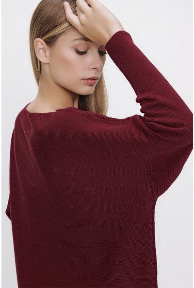 Chuba Kadın Bordo Kayık Yaka Salaş Uzun Triko Panço 22WK221