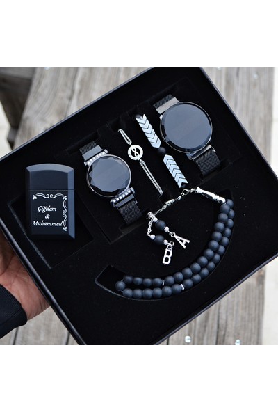 Deepwell Kişiye Özel Dijital Çift Kol Saatleri Çakmak Tesbih Bileklik Seti