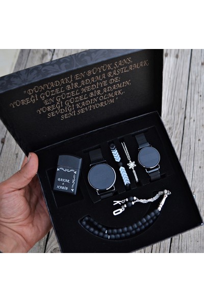 Deepwell Kişiye Özel Dijital Çift Kol Saatleri Çakmak Tesbih Bileklik Seti