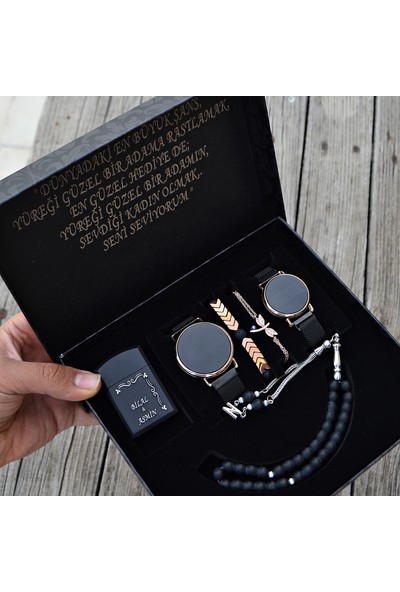 Deepwell Kişiye Özel Dijital Çift Kol Saatleri Çakmak Tesbih Bileklik Seti