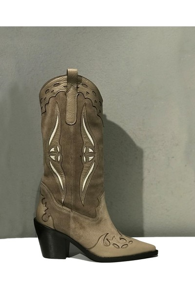 Trendytopuk Vizon Hakiki Süet Topuklu Western Çizme - Jessıe