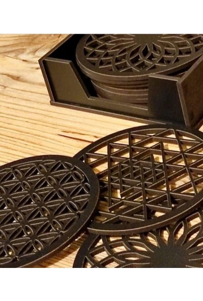 Zacconcept Standlı 6lı Yaşam Çiçeği Desenli Yuvarlak Bardak Altlığı