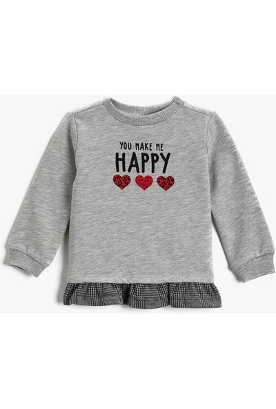 Koton Happy Baskili Sweatshirt Bisiklet Yaka Firfir Detayli Koton Happy Baskili Sweatshirt Bisiklet Yaka Firfir Detayli