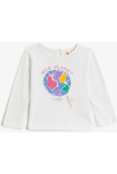 Koton Dünya Baskılı Tişört Uzun Kollu Bisiklet Yaka Pamuklu