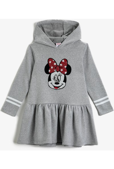 Koton Minnie Mouse Lisanslı Baskılı Elbise Kapşonlu Fırfırlı