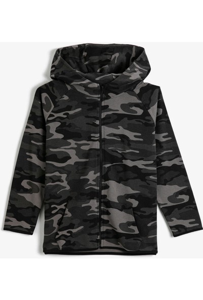 Koton Kamuflaj Desenli Fermuarli Kapüsonlu Sweatshirt Pamuklu
