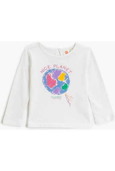 Koton Dünya Baskılı Tişört Uzun Kollu Bisiklet Yaka Pamuklu