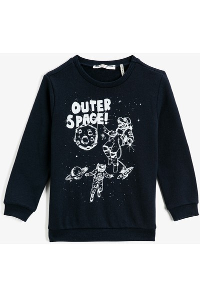 Koton Astronot Baskili Uzun Kollu Sweatshirt Bisiklet Yaka