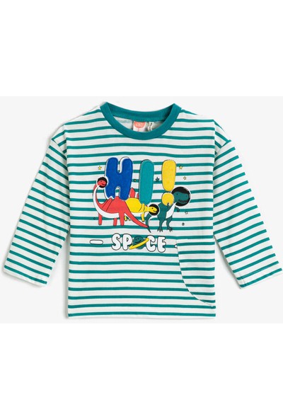 Koton Çizgili Dinozor Baskılı Uzun Kollu Tişört Pamuklu