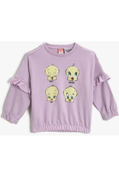 Koton Tweety Baskılı Bisiklet Yaka Fırfırlı Sweatshirt Lisanslı Pamuklu