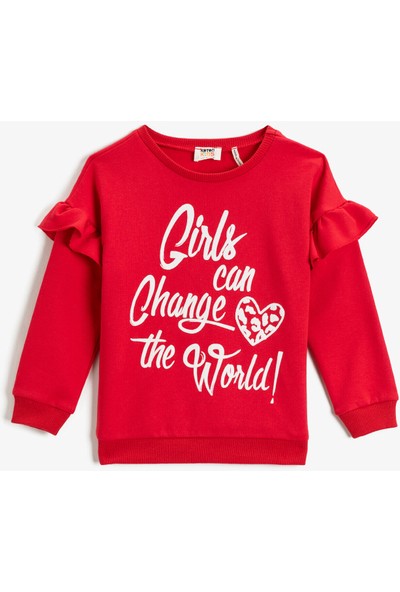 Koton Baskılı Uzun Kollu Sweatshirt Kolları Fırfırlı Pamuklu