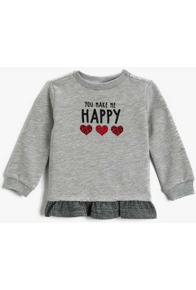 Koton Happy Baskılı Sweatshirt Bisiklet Yaka Fırfır Detaylı Koton Happy Baskılı Sweatshirt Bisiklet Yaka Fırfır Detaylı
