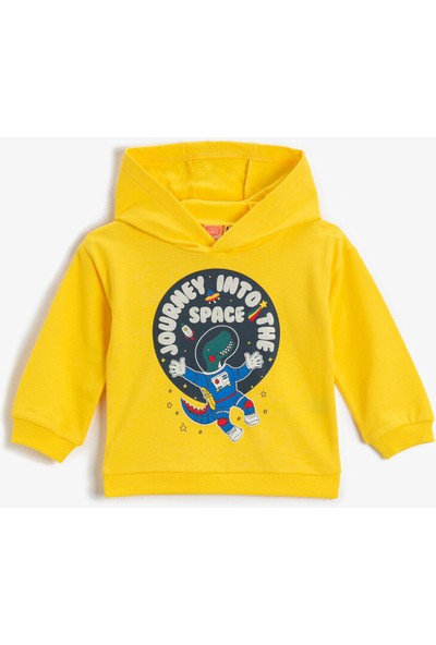 Koton Astronot Dinozor Baskılı Kapşonlu Sweatshirt Pamuklu