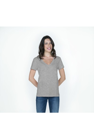 Think Simple Kadın Derin V Yaka Penye T-Shirt- Gri