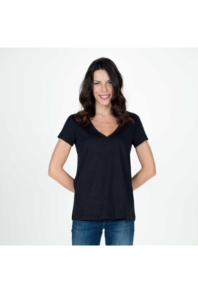Think Simple Kadın Derin V Yaka Penye T-Shirt- Siyah Think Simple Kadın Derin V Yaka Penye T-Shirt- Siyah
