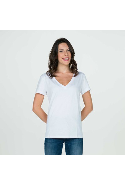 Think Simple Kadın Derin V Yaka Penye T-Shirt- Beyaz