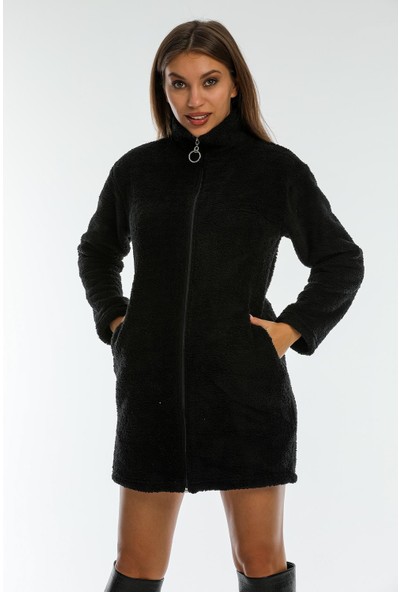 Met Çarşı Kadın Peluş Uzun Hırka Fermuarlı Dik Yaka Hırka Tunik Elbise Siyah