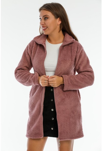 Met Çarşı Kadın Peluş Uzun Hırka Fermuarlı Dik Yaka Hırka Tunik Elbise Gül Kurusu