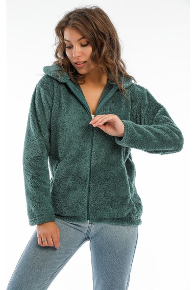 Met Çarşı Kadın Peluş Gömlek Yaka Fermuarlı Peluş Hırka Petrol Yeşili