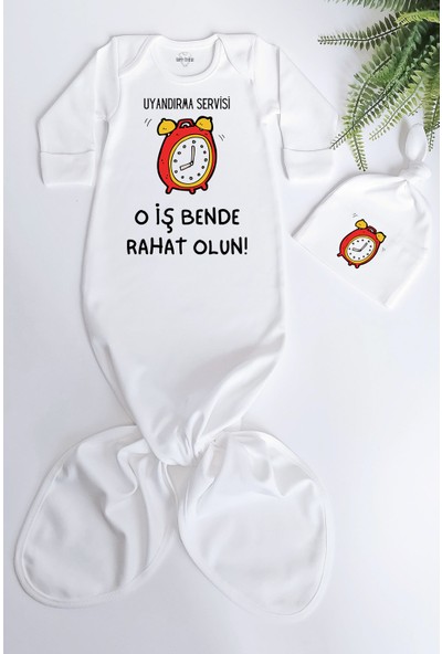 Happy Onesie Co Çalar Saat Organik Baskılı Düğümlü Tulum ve Şapka Takım