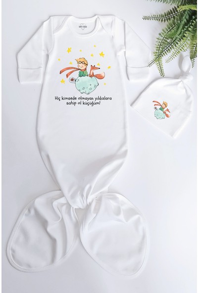 Happy Onesie Co Küçük Prens Organik Baskılı Düğümlü Tulum ve Şapka Takım