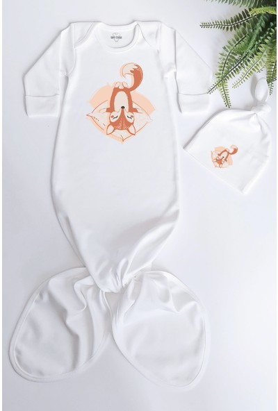 Happy Onesie Co Tilki Organik Baskılı Düğümlü Tulum ve Şapka Takım