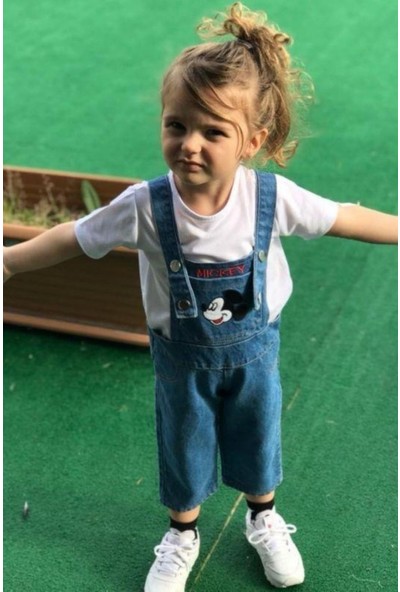 Riccotarz Kız Çocuk Tişört Hediyeli Mickey Mavi Kot Tulum