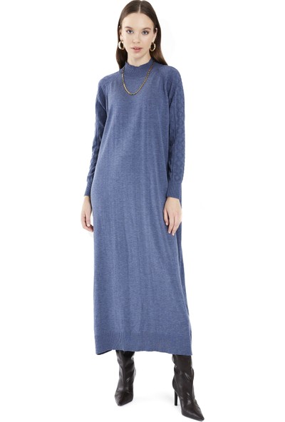 Zühre Dik Yaka ve Kol Örgü Detaylı Uzun Indigo Triko Elbise E-0296 Zühre Dik Yaka ve Kol Örgü Detaylı Uzun Indigo Triko Elbise E-0296