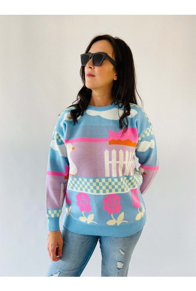 Gaia Bebek Mavi Hayvan Desenli Bisiklet Yaka Triko Kazak