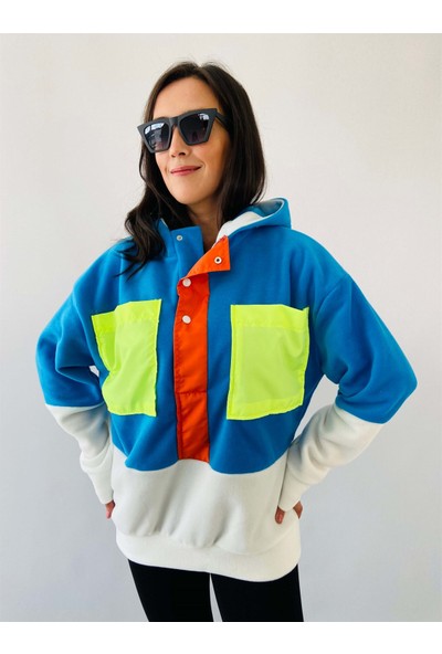 Gaia Mavi Beyaz Fosforlu Cep Detaylı Yarım Düğmeli Polar Sweatshirt