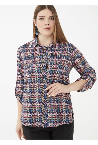 Selen Gömlek Yaka Emprime Mavi Kadın Bluz Selen Gömlek Yaka Emprime Mavi Kadın Bluz