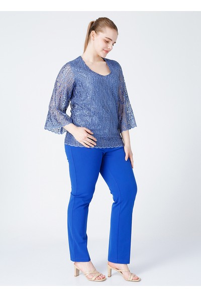 Selen 21Ysl8907 V Yaka Truvakar Kol Payetli Desen Mavi Kadın Bluz