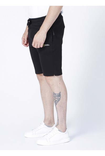 National Geographic Beli Lastikli Cepli Diz Üstü Siyah Erkek Sweat Şort