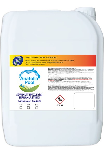 Anatolia Pool Havuz Suyu Sürekli Temizleyici Parlatıcı Berraklaştırıcı 5 Lt (Continuous Cleaner) Anatolia Pool Havuz Suyu Sürekli Temizleyici Parlatıcı Berraklaştırıcı 5 Lt (Continuous Cleaner)