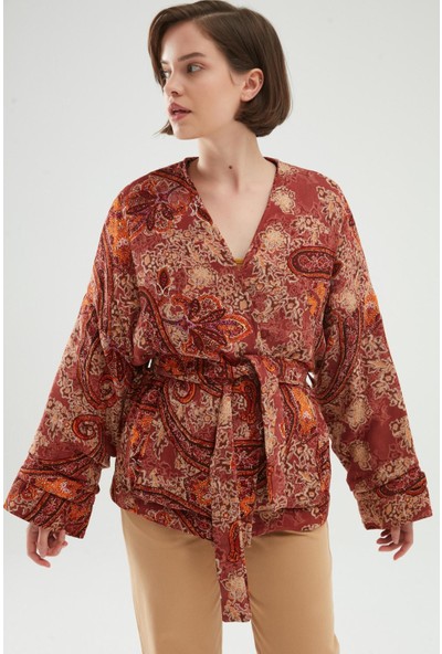 Quzu Oversize Kuşaklı Kimono Ceket Kiremit