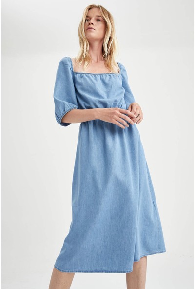 DeFacto Kare Yaka Balon Kollu Beli Lastikli Midi Elbise R5514AZ21SM