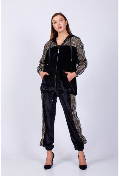 Hcr Collection Hcrcollection Siyah Dantel Detaylı Kadife Eşofman Takımı