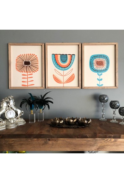 Bi Hayal Dekor Ahşap Çerçeveli 3 Lü Bohem Çiçek Seti