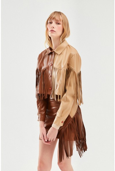 Quzu Iki Renkli Püsküllü Deri Ceket Kahve