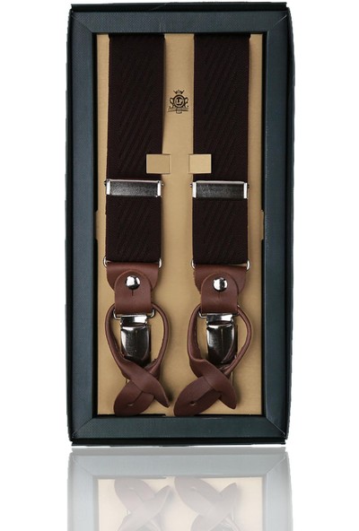 La Pescara Deri Bağlantılı Düğme Delikli Jakarlı Kahverengi Pantolon Askısı PAN84