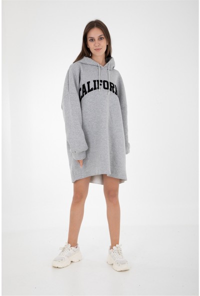 Haller California Baskılı Gri Uzun Oversize Kapüşonlu Sweatshirt