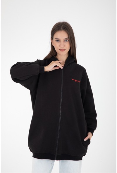 Haller Minimal Baskılı Siyah Fermuarlı Uzun Oversize Kapüşonlu Sweatshirt Haller Minimal Baskılı Siyah Fermuarlı Uzun Oversize Kapüşonlu Sweatshirt